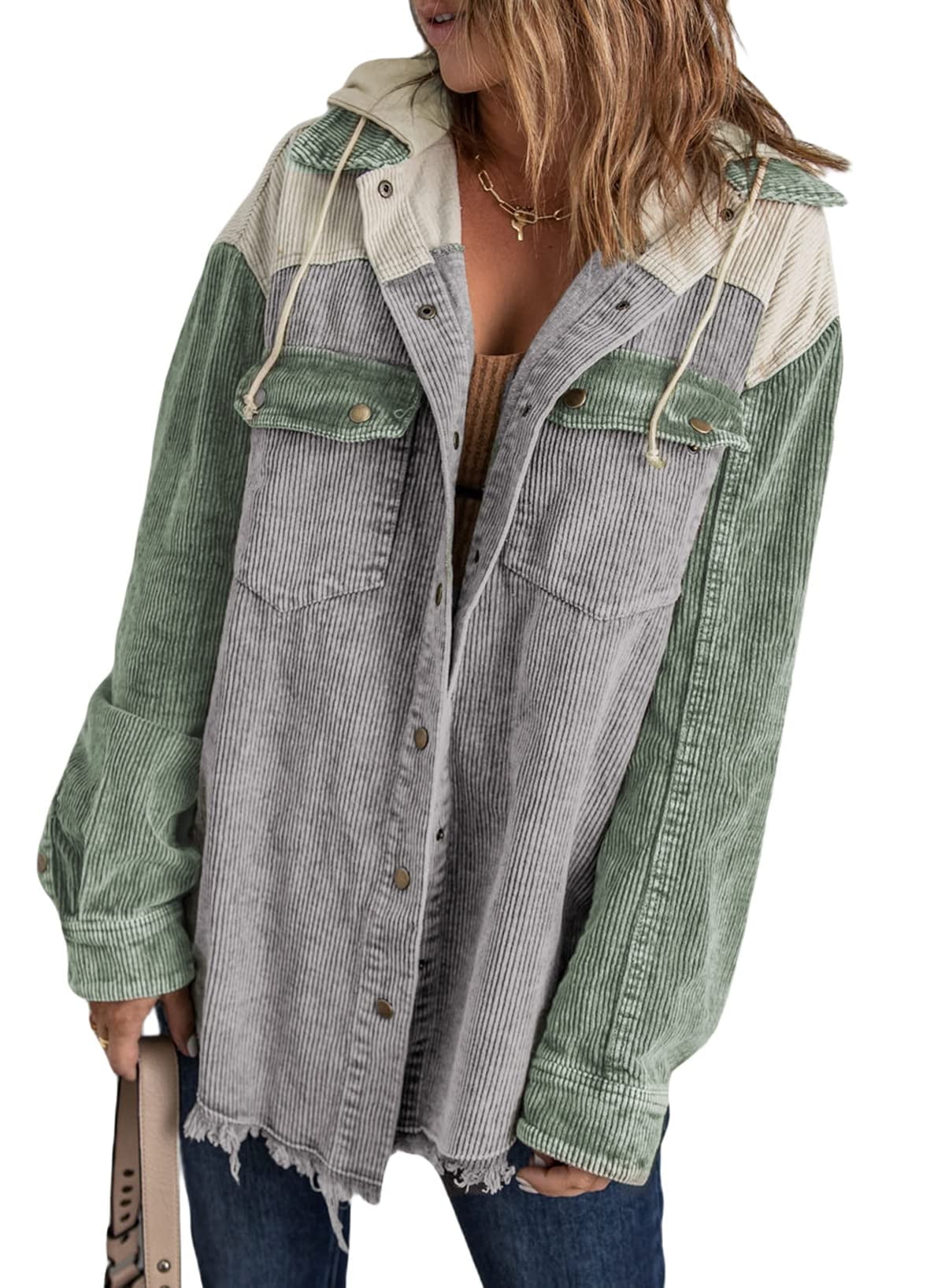 EVALESS Women's Corduroy Hooded Shacket Jacket, Colorblock, Long Sleeve ...