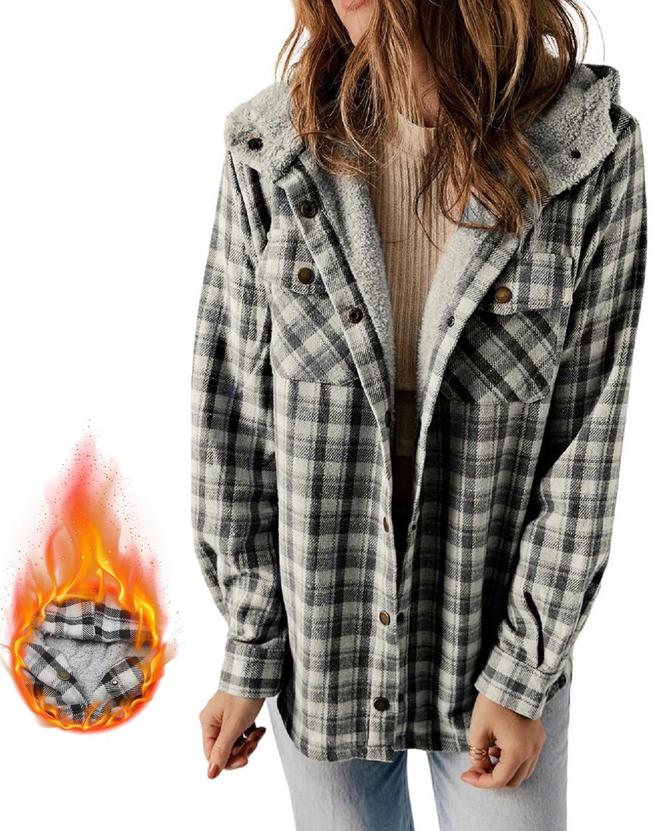EVALESS Women's Sherpa Winter Flannel Plaid Hooded Shacket Jacket ...