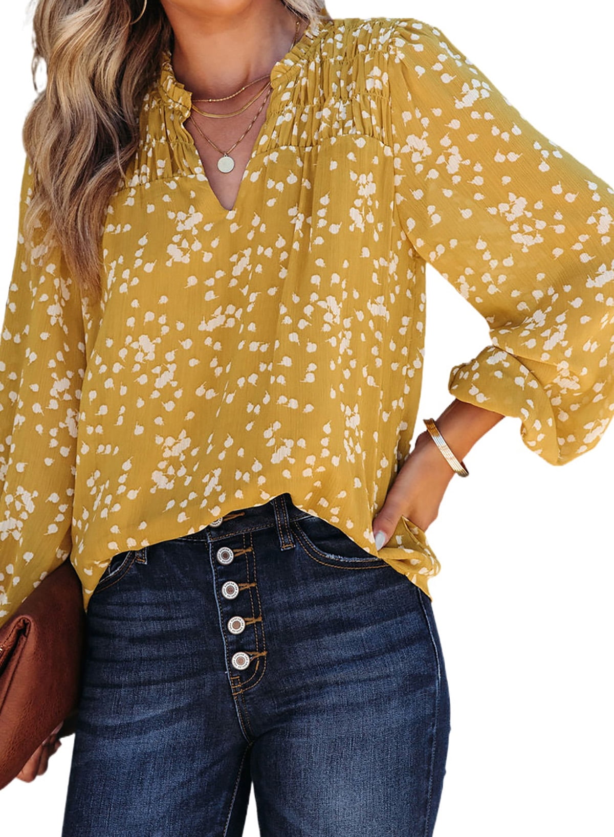 EVALESS Boho Floral Print V-Neck Smocked Puff Long Sleeve Loose Shirt ...