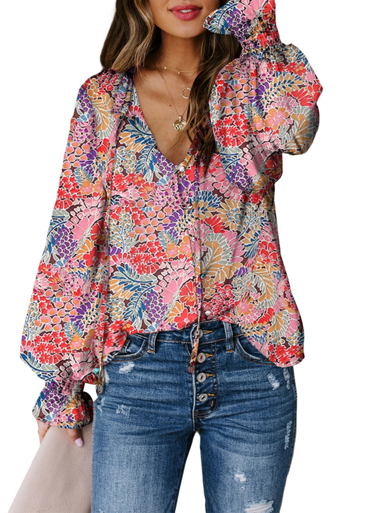 EVALESS Tops for Women Boho Floral Print Long Sleeve Blouses Casual ...