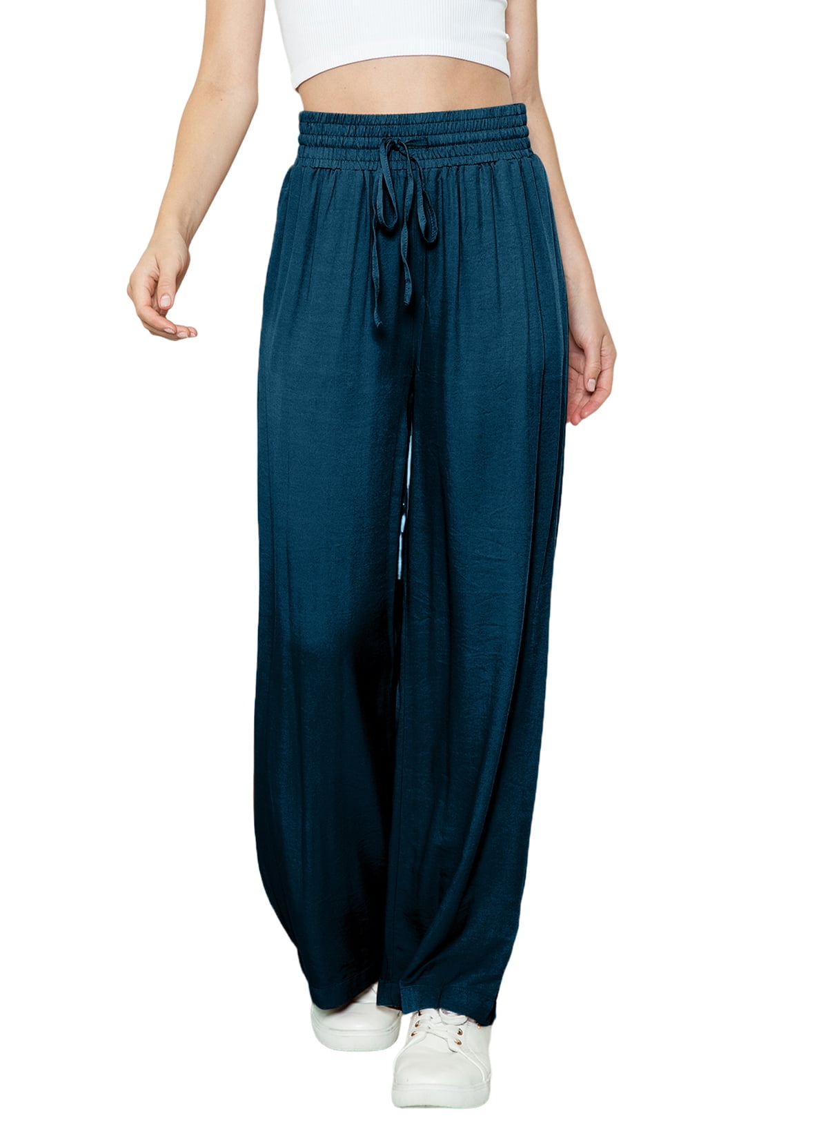 Evaless Wide Leg Pants For Women Elastic High Waist Solid Color Palazzo