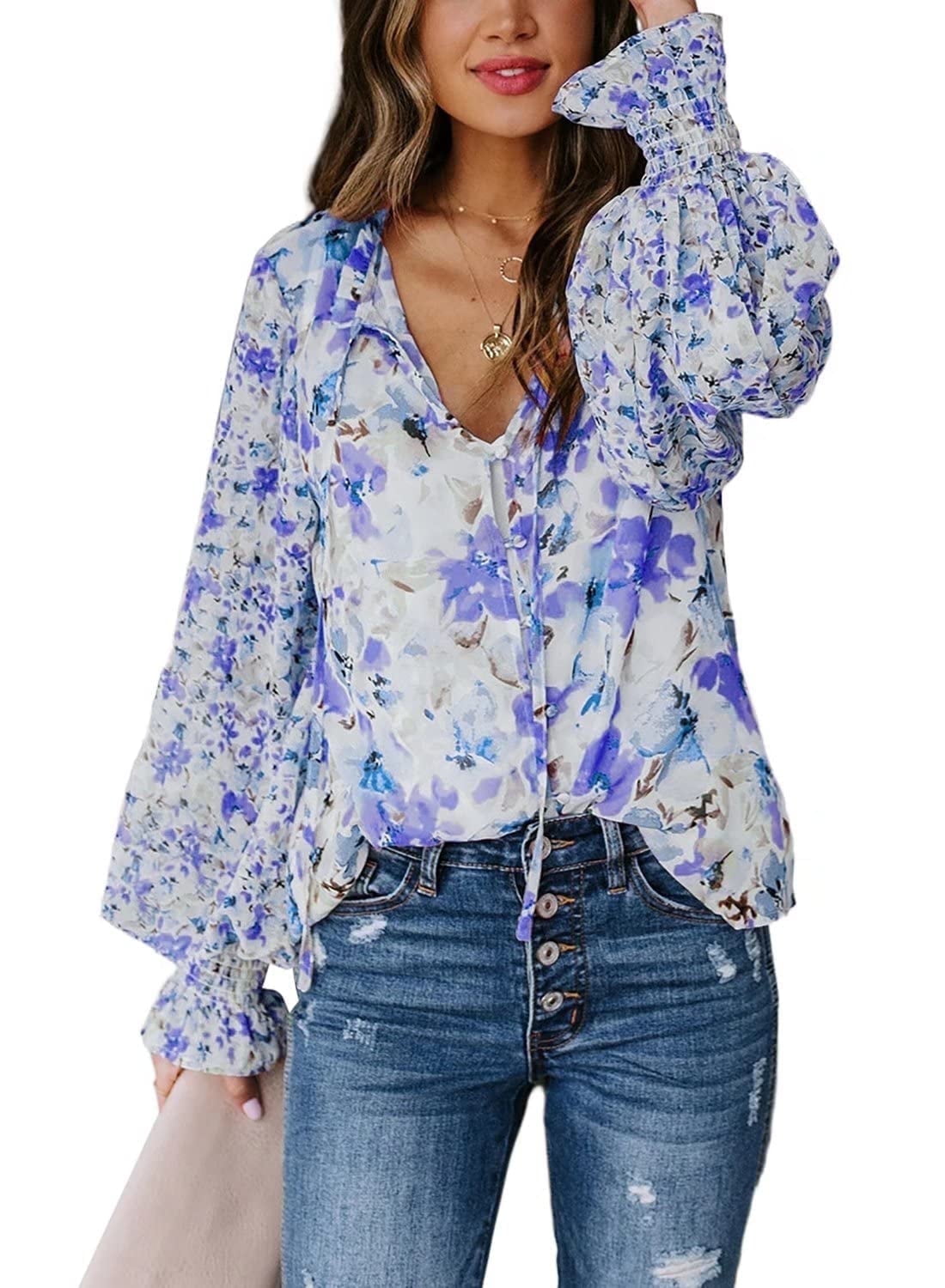 EVALESS Women's Boho Floral Chiffon V Neck Blouse, Puff Sleeve ...