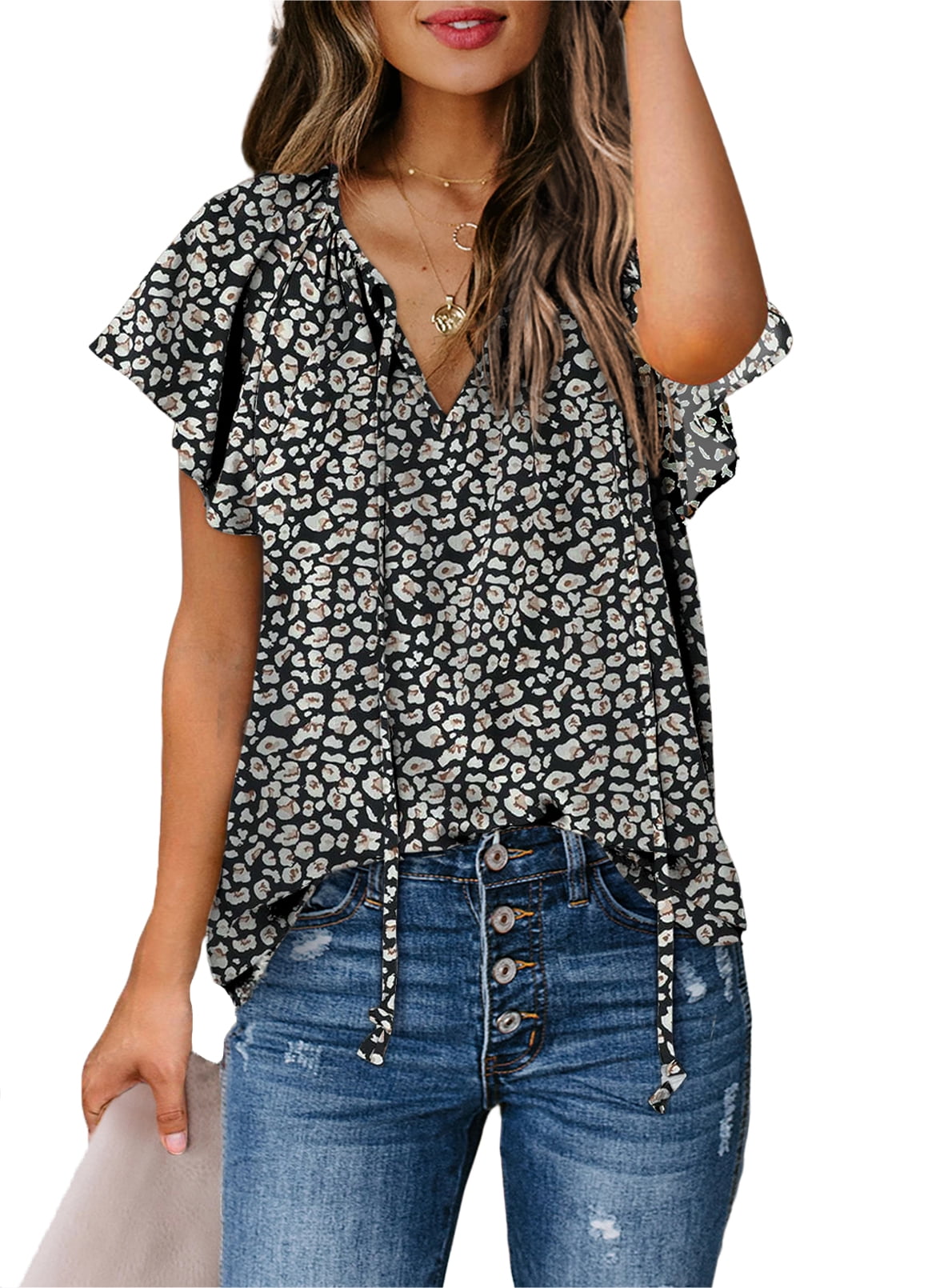 EVALESS Women's Boho Tops Summer Floral Print Ruffle Short Sleeve Blouses Casual V Neck ...