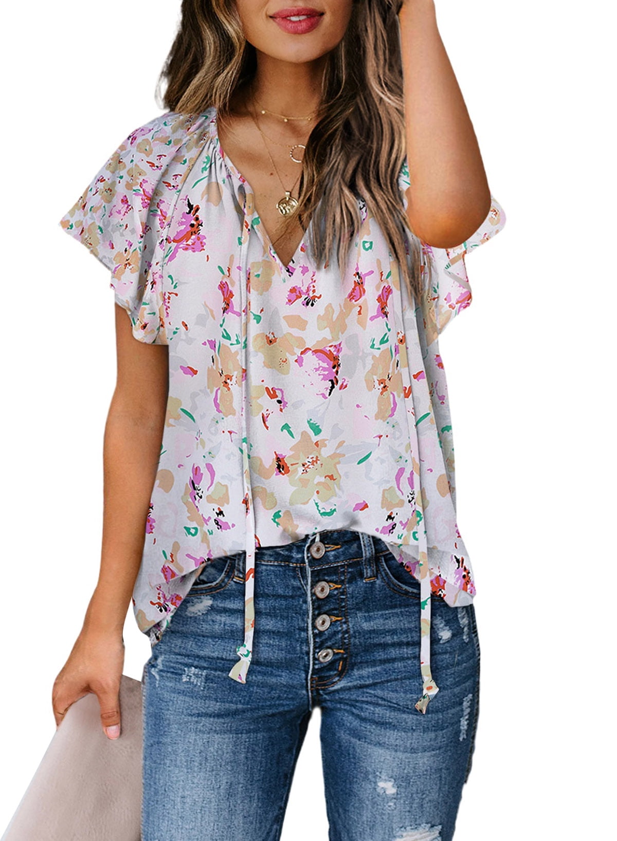 EVALESS Womens Blouses Smocked Casual Boho Floral Printed V Neck Tunic Tops Summer Ruffle Short ...