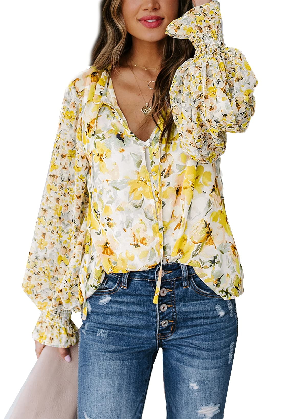 EVALESS Women's Bohemian V-Neck Tops Button-Up Floral Blouses Yellow ...