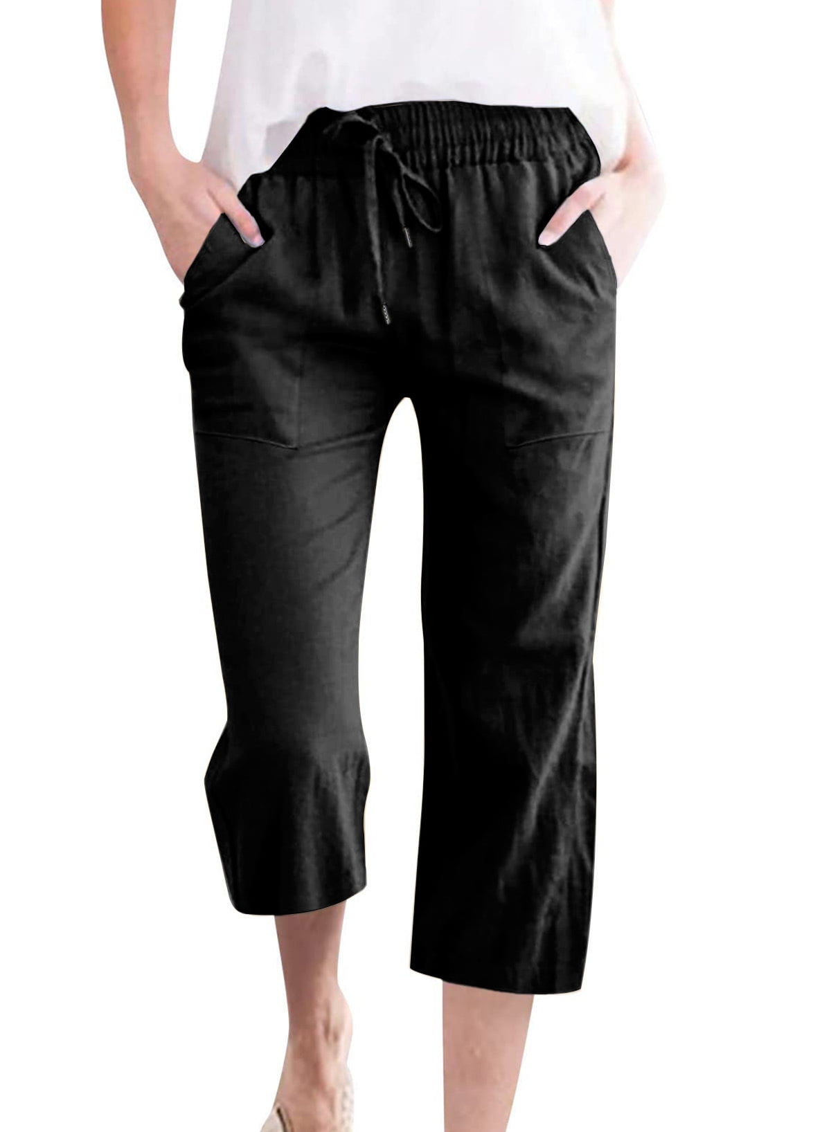 Evaless Womens Casual Drawstring Elastic Waist Linen Pants Loose Capri