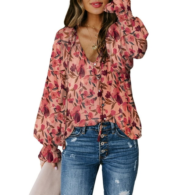 EVALESS Womens Long Sleeve Tops Trendy Boho Floral Print Button Blouses Casual V Neck Drawstring ...