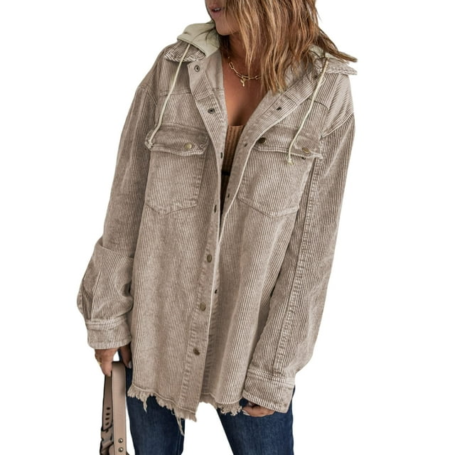 EVALESS Womens Plus Size Corduroy Hooded Shacket, Long Sleeve Button ...