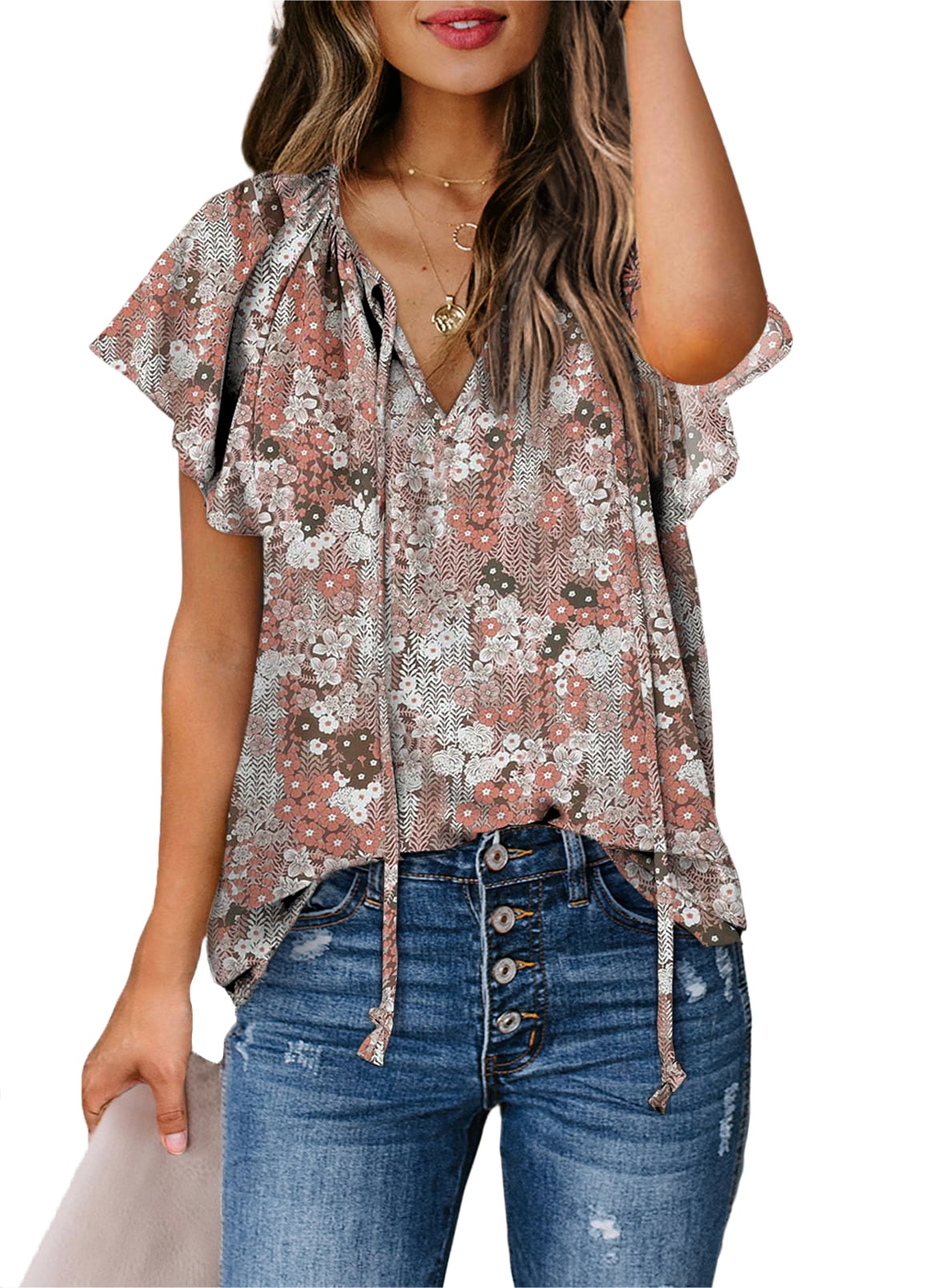 EVALESS Women's Floral Print V-Neck Ruffle Short Sleeve Blouse, Casual ...