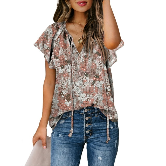 EVALESS Women's Floral Print V-Neck Ruffle Short Sleeve Blouse, Casual Drawstring Tunic Top ...