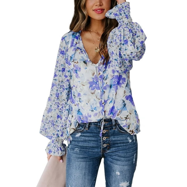 EVALESS Women's Bohemian Spring Tops, Floral Printed V Neck Long Sleeve ...