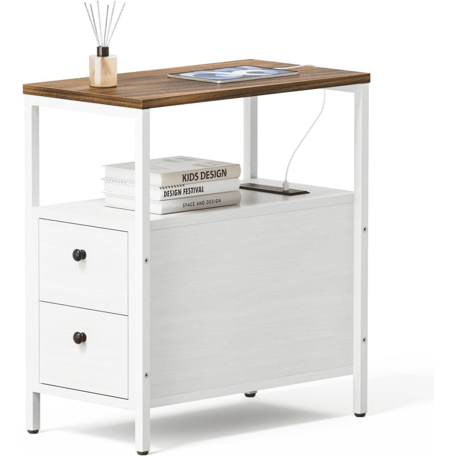 EVASTAR Side Table with Charging Station Narrow Nightstand with 2 ...