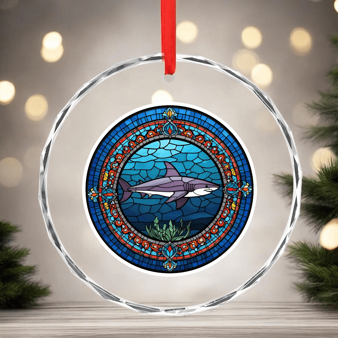 EVERA Cute Great White Shark Sea Faux Stained Glass Style Window Opaque ...