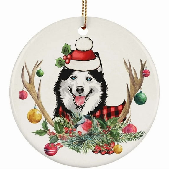 EVERA Cute Husky Dog With Antlers Reindeer Flower Chri.Stm.As Circle ...
