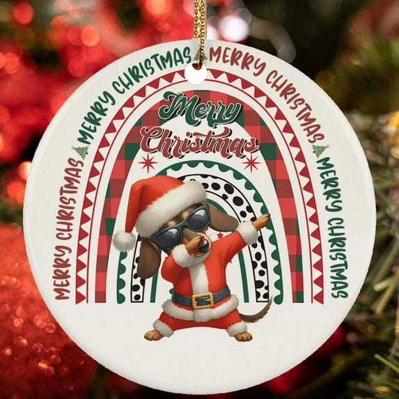 EVERA Merry Chri.Stm.As Dachshund Dog San.Ta Dabbing Dance Rainbow Ornament Gift Decor 2D FLAT ...
