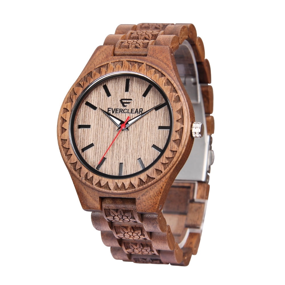 EVERCLEAR Unisex Walnut wood W/laser engraved Antique pattern Watch ...