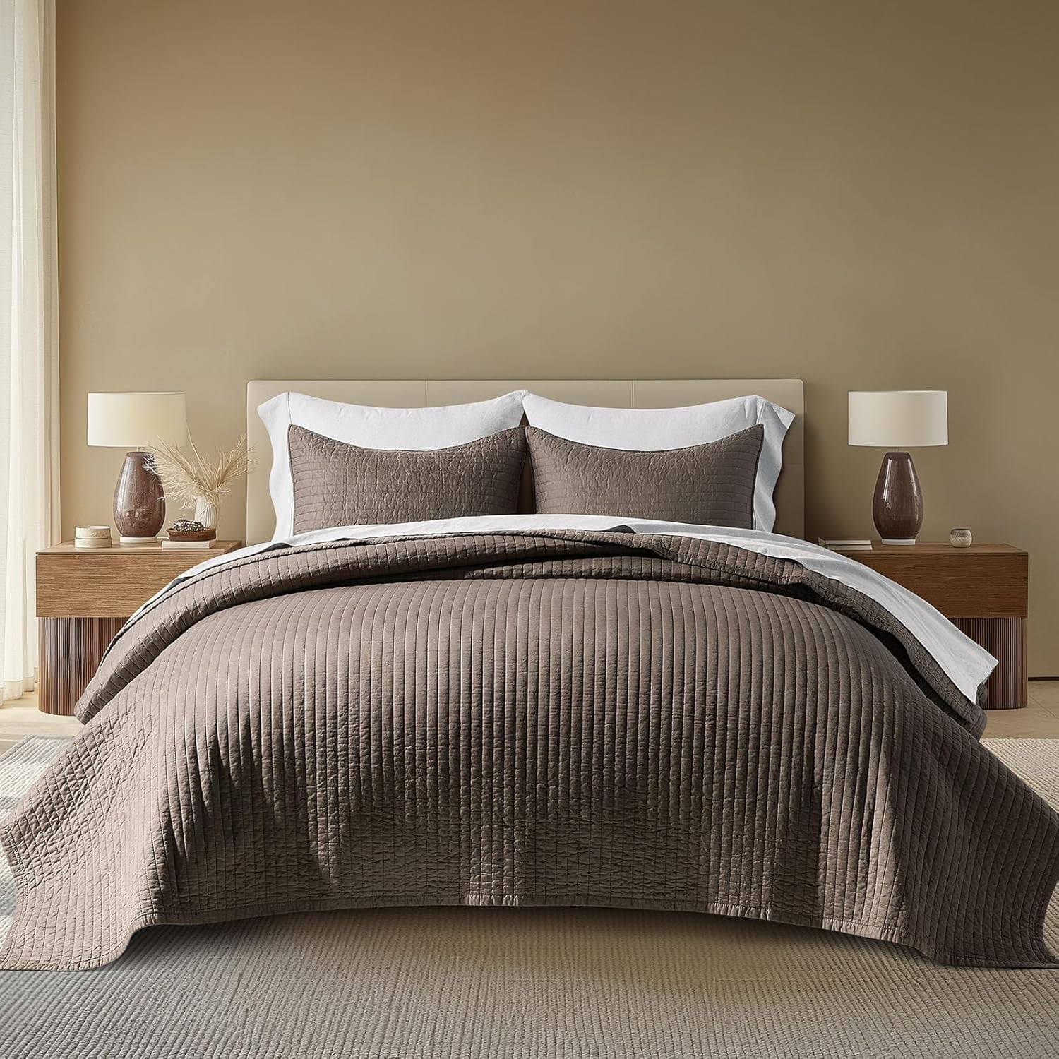 EVERGRACE Cotton Sateen Quilt Set King Size, Pre-Washed Cotton Channel ...
