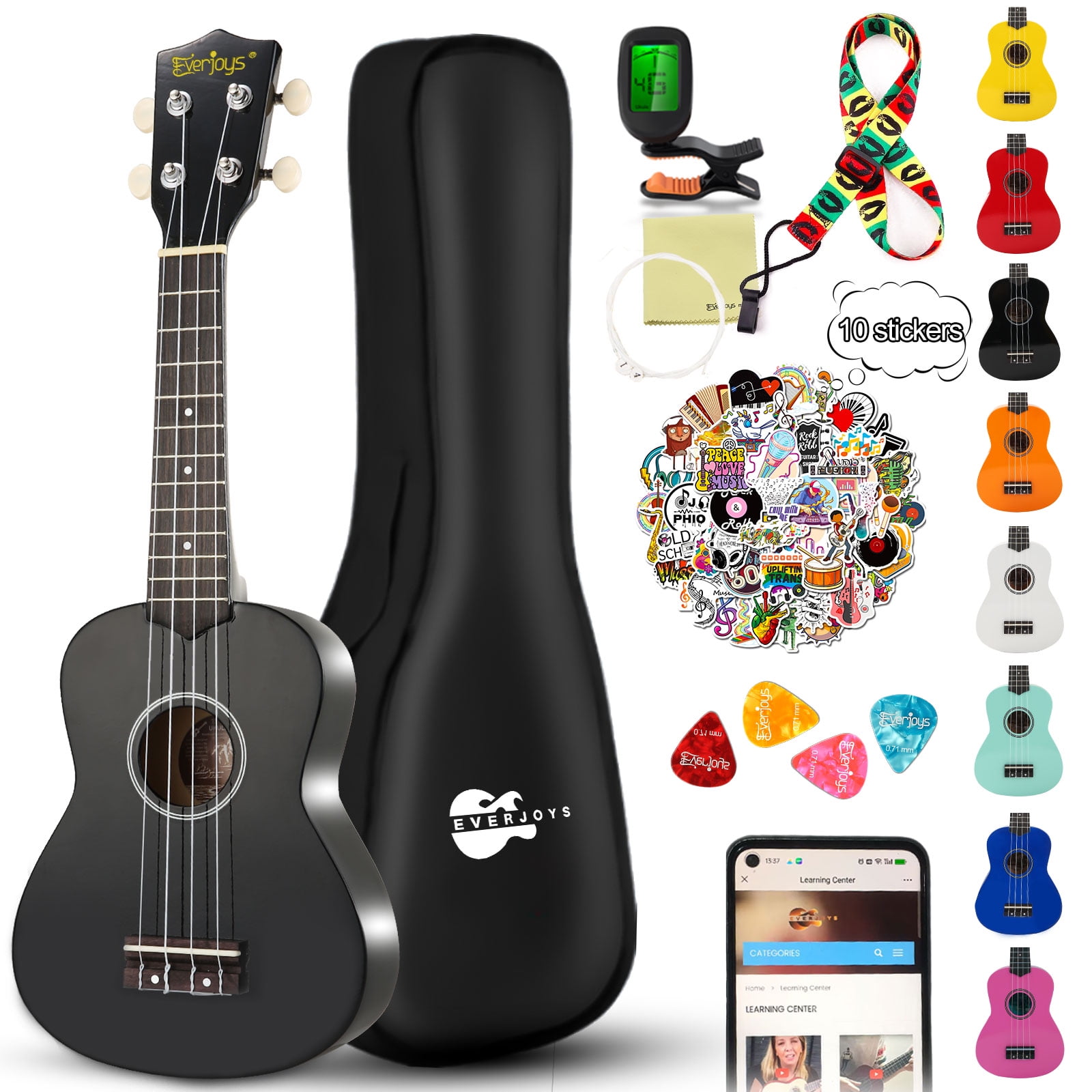 EVERJOYS 21" Soprano Ukulele Stringed Musical Instruments Beginner Kit ...