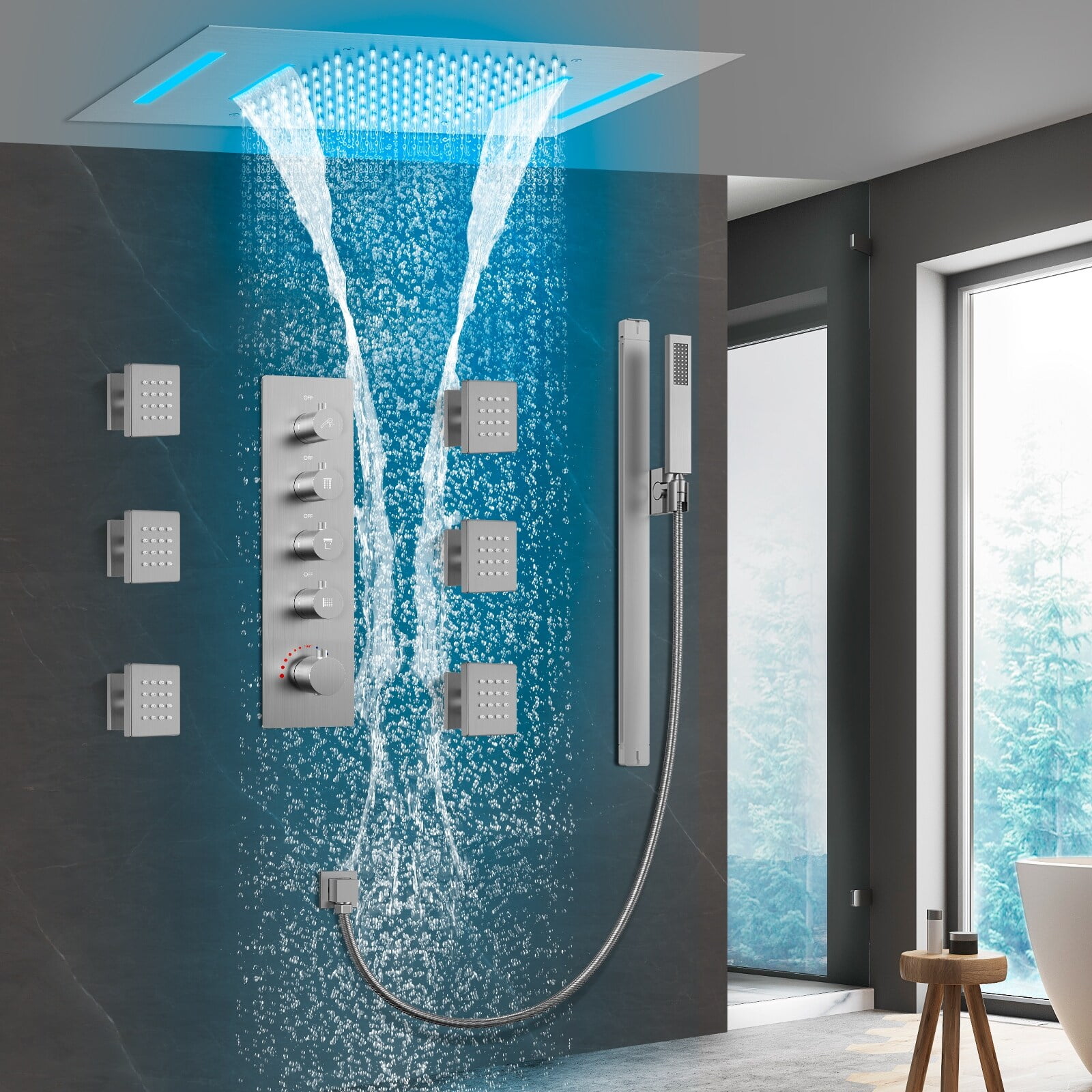 EVERSTEIN 64 LED Thermostatic Shower Faucet 22"x15" Rainfall & Waterfall Shower System 5 Way ...