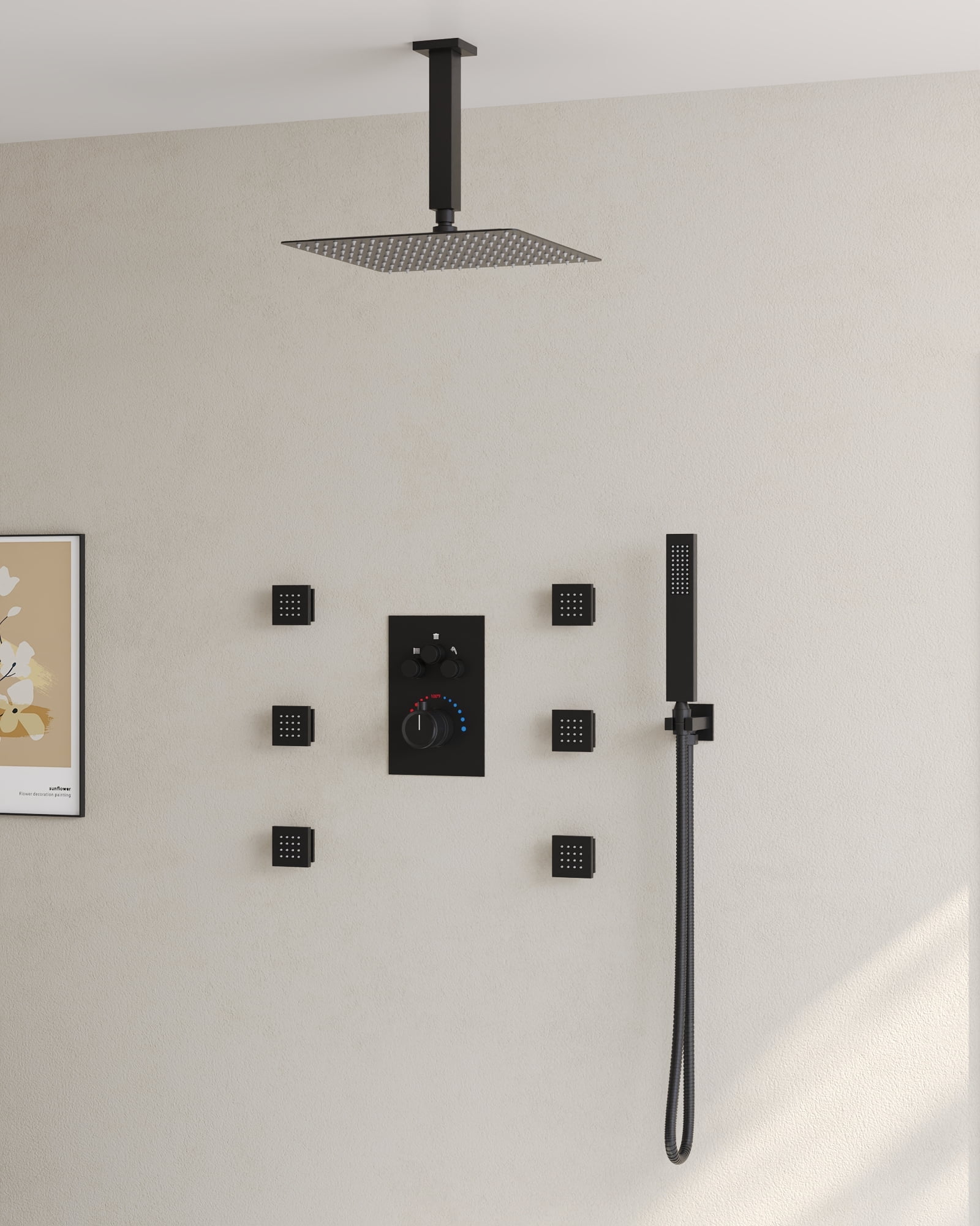 EVERSTEIN Brass Bathroom Shower System, Ceiling Mount, 2.5 GPM, Thermostatic Valve Mixer, 6 Body ...