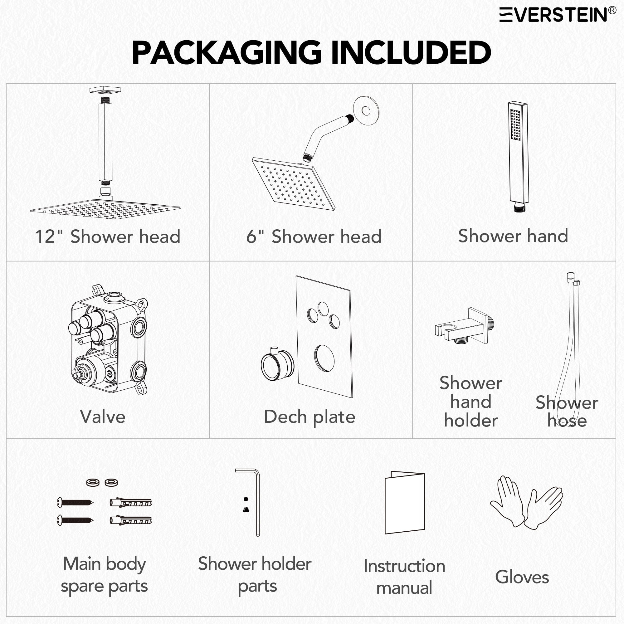 EVERSTEIN Dual Heads 12" Rainfall & High Pressure 6" Shower System with ...