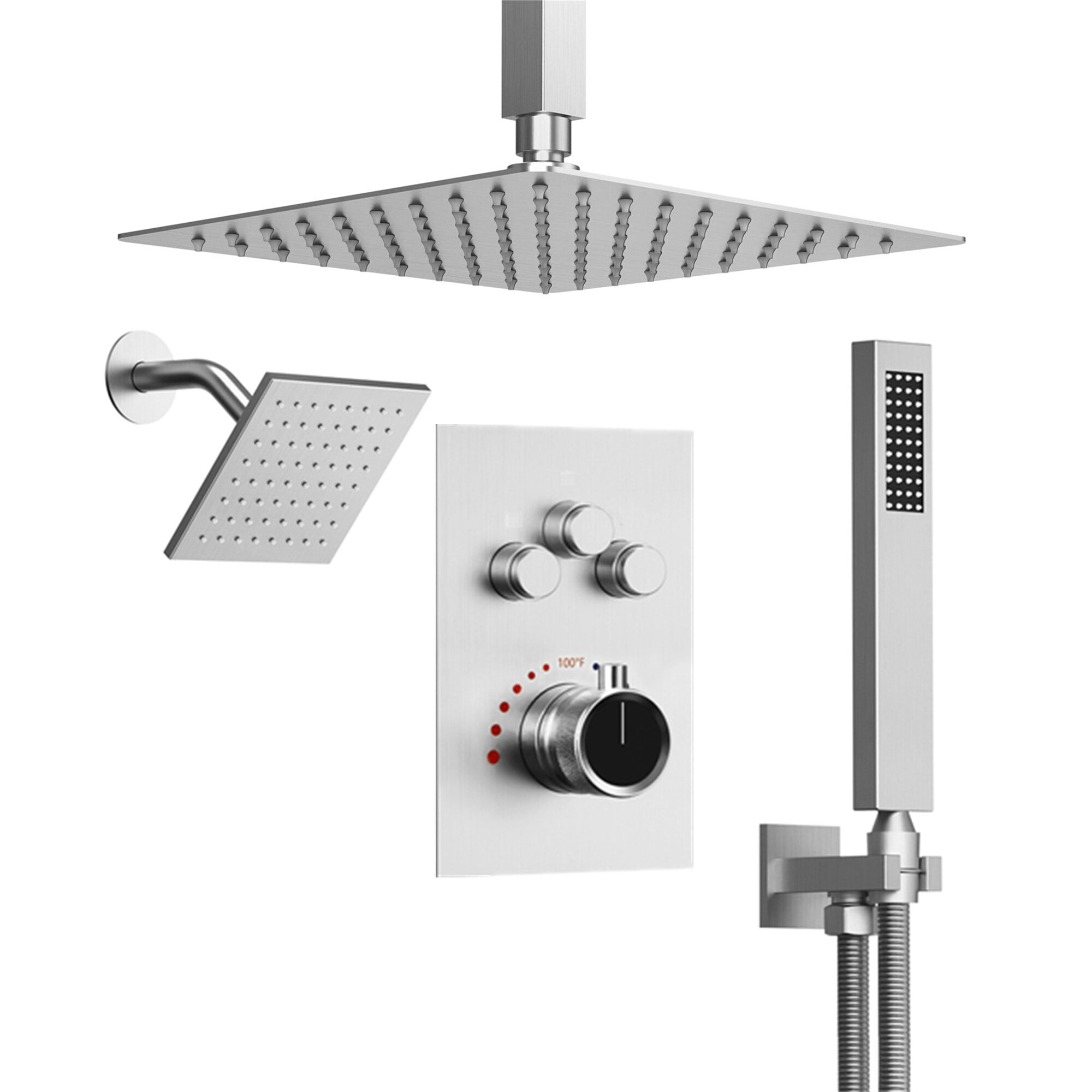 EVERSTEIN Dual Heads 12" Rainfall & High Pressure 6" Shower System w/ 3 ...