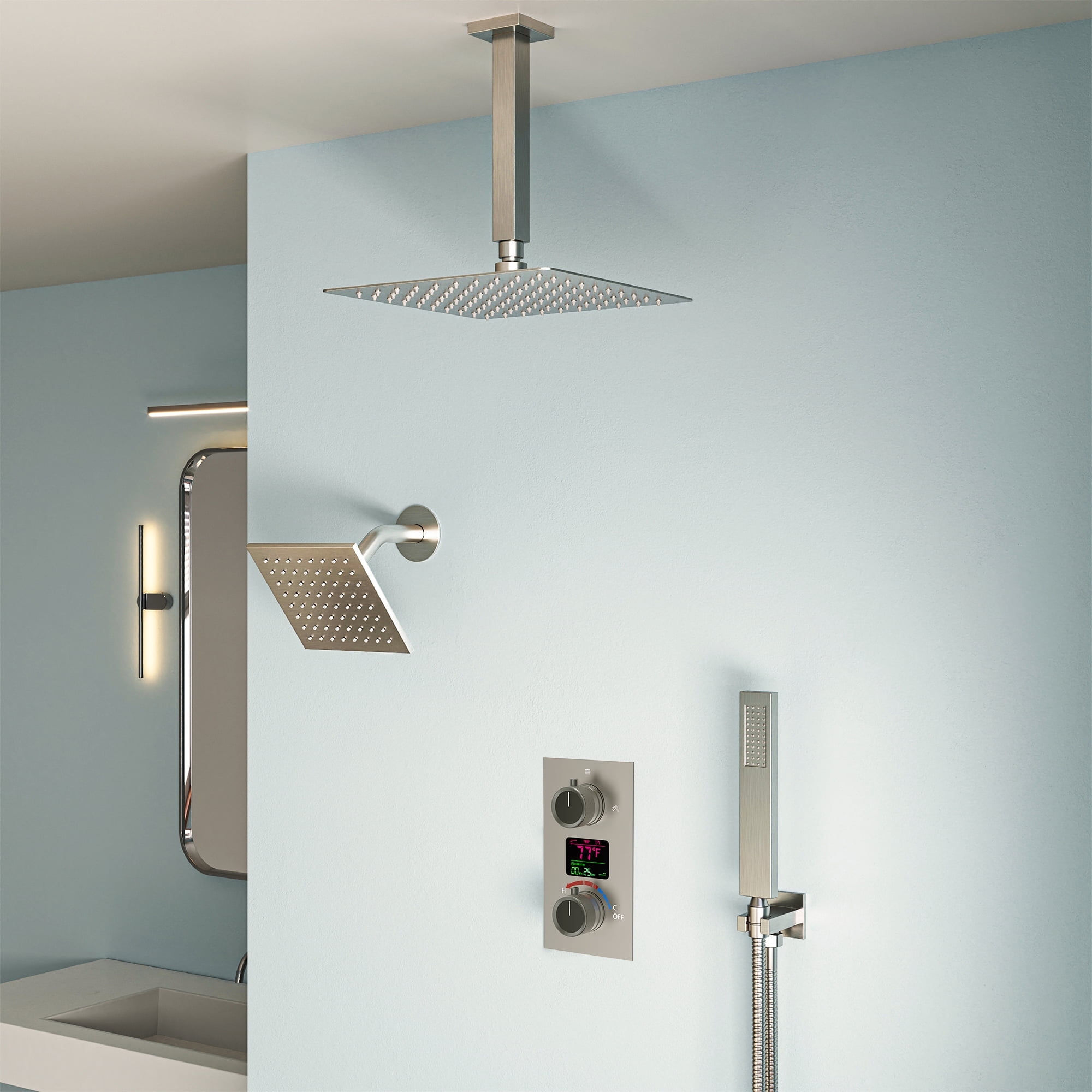 EVERSTEIN Dual Shower Head with Handheld, Celling Mount 12 in. Shower ...