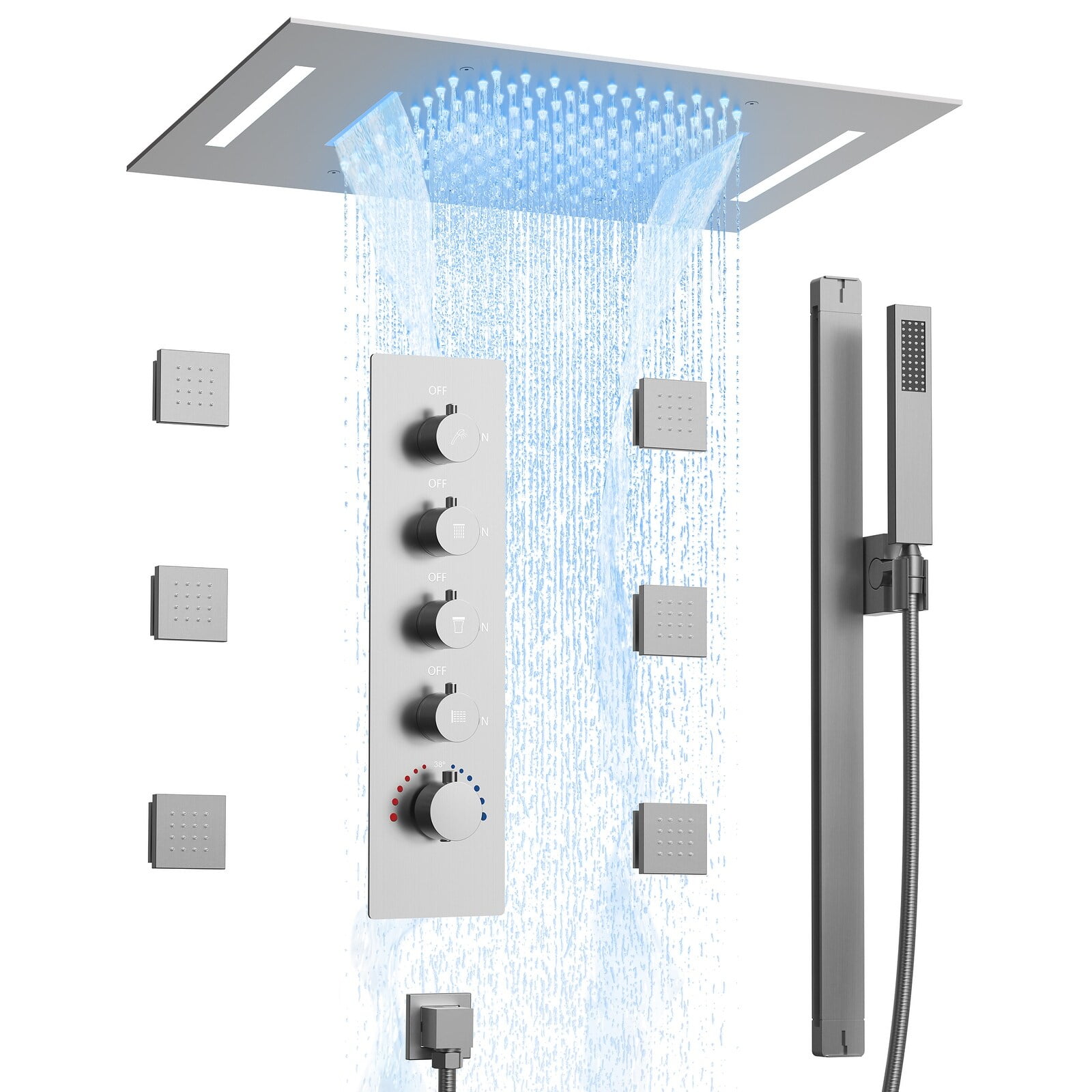 EVERSTEIN LED Thermostatic Shower System Rainfall Waterfall Shower Head ...