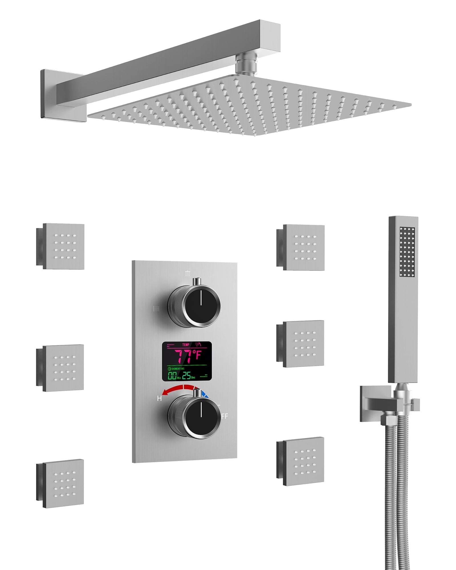 EVERSTEIN Luxury 12 inch Rain Shower Head System Digital Display Thermostatic Wall Mounted ...