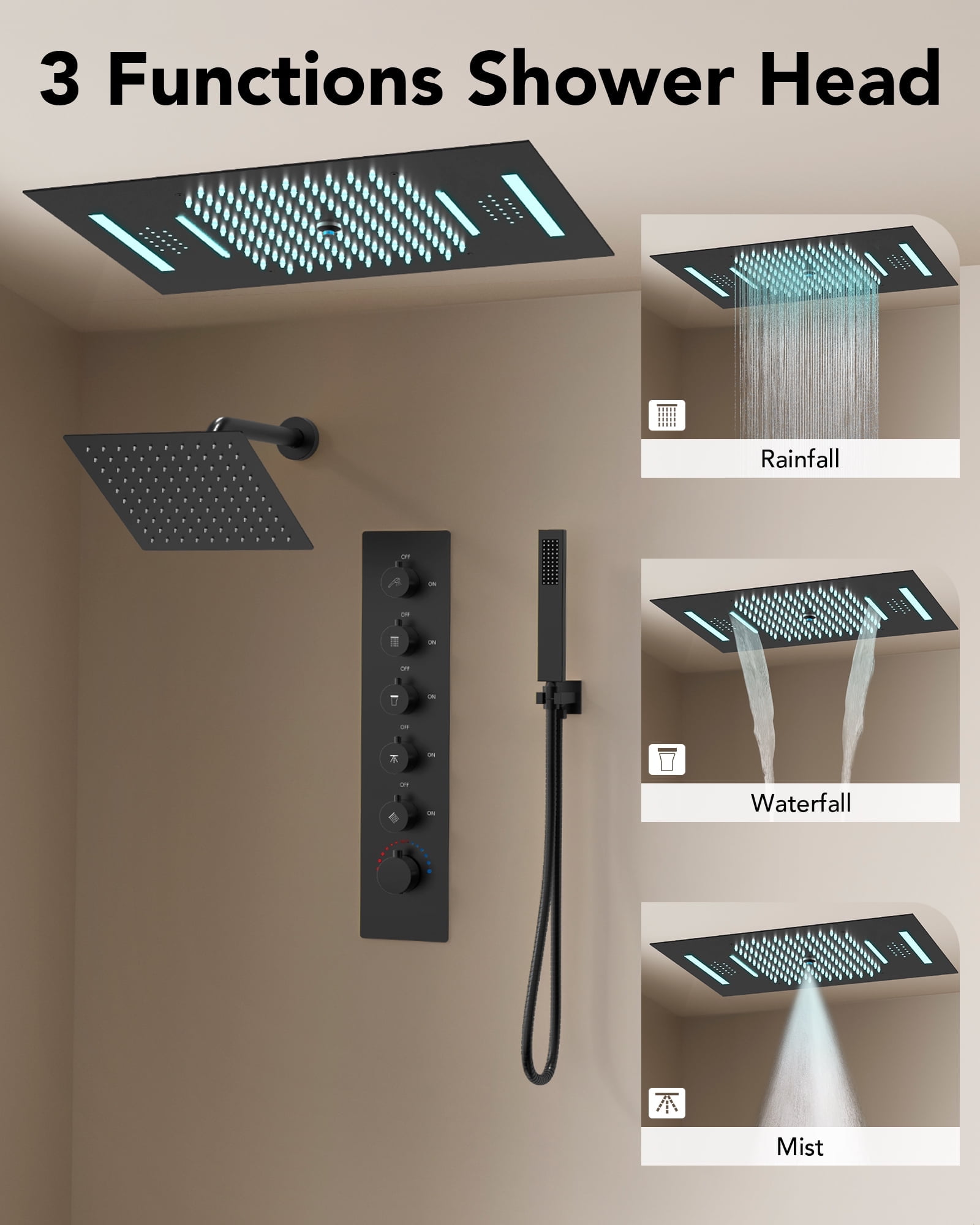 EVERSTEIN Luxury Mutifunction Shower System 23 x 15 in. Bathroom Shower Faucet Set Dual Rain ...