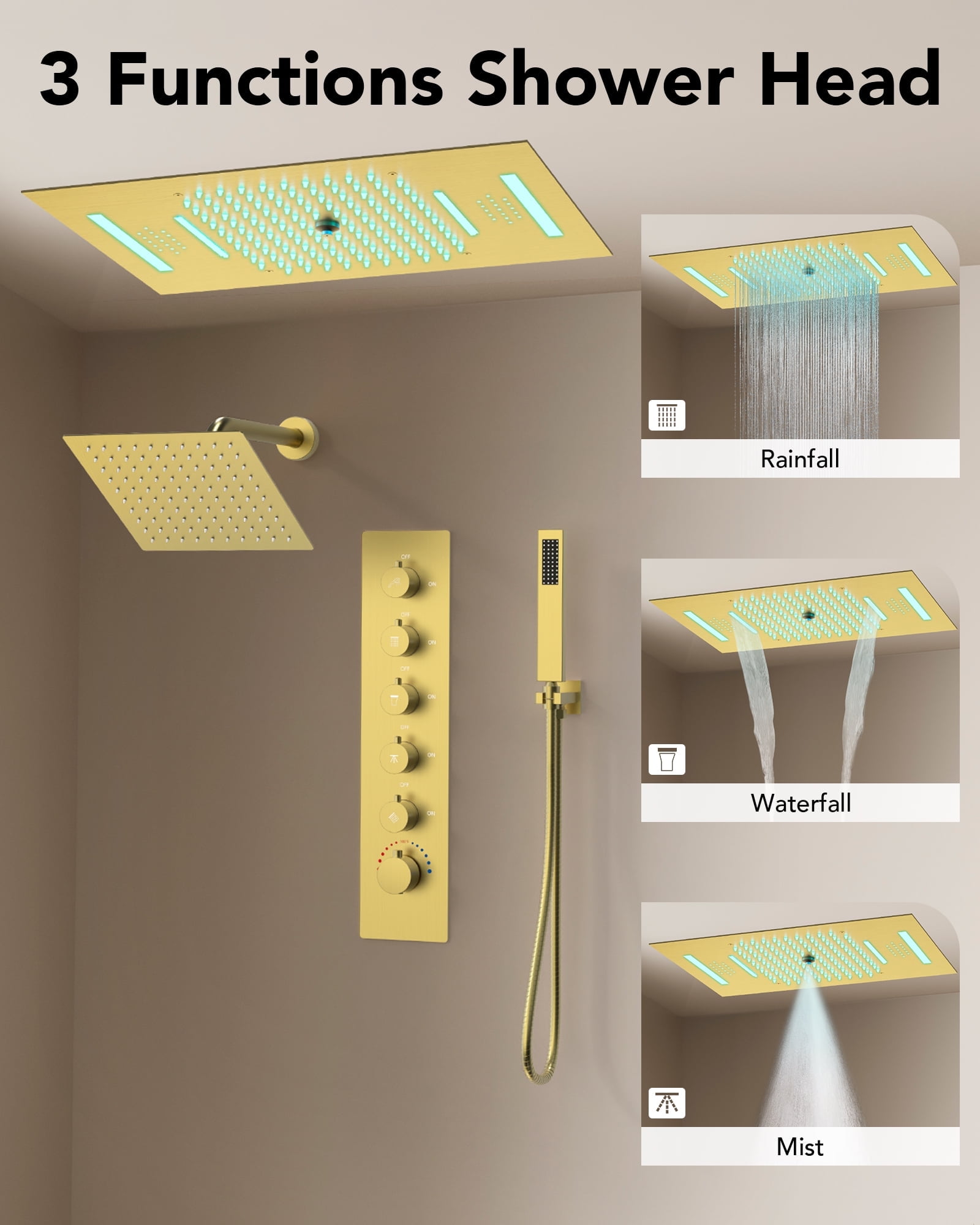 EVERSTEIN Luxury Mutifunction Shower System 23 x 15 in. Bathroom Shower Faucet Set Dual Rain ...