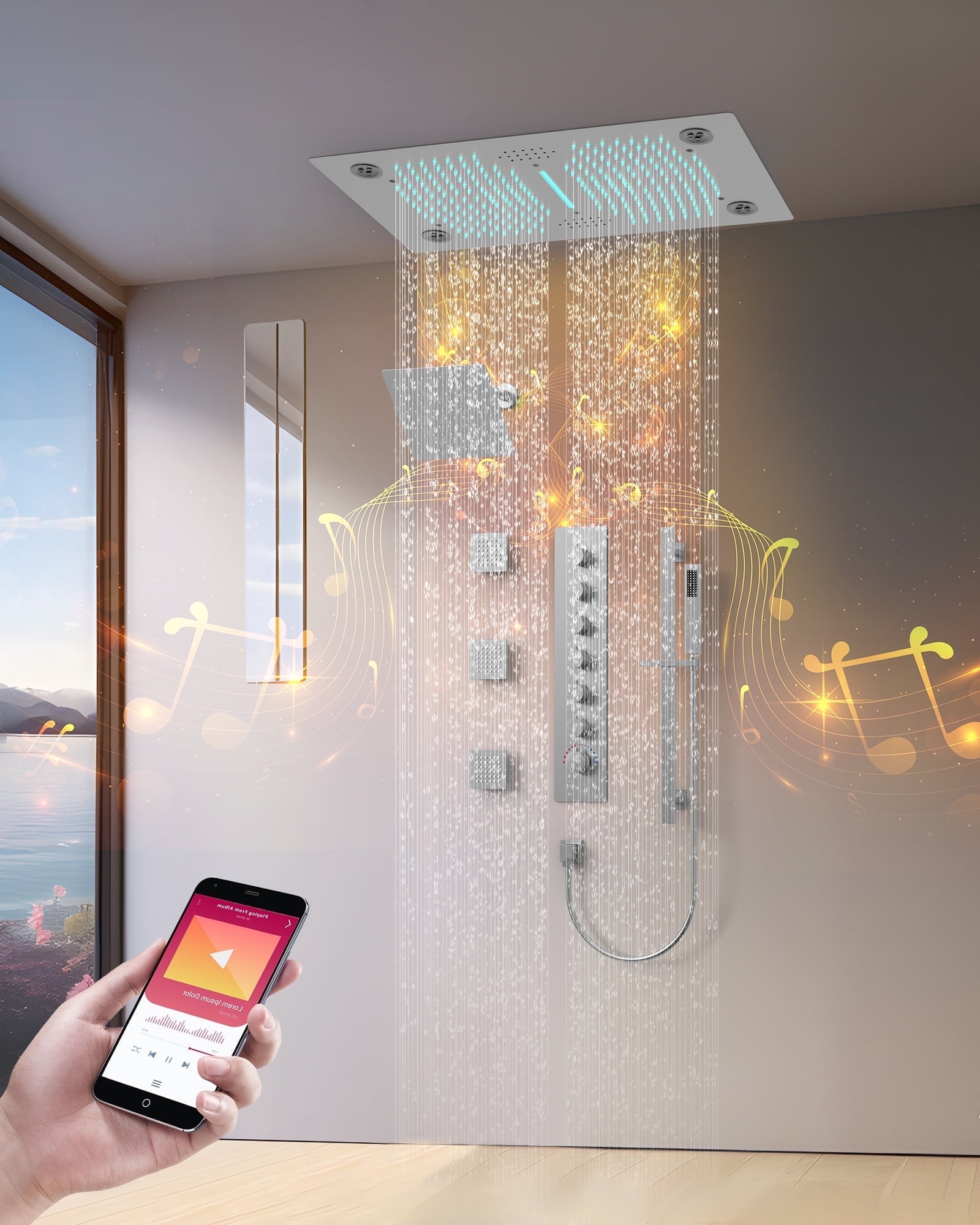 EVERSTEIN Luxury Stainless Steel Shower System, Dual Head, LED & Music ...