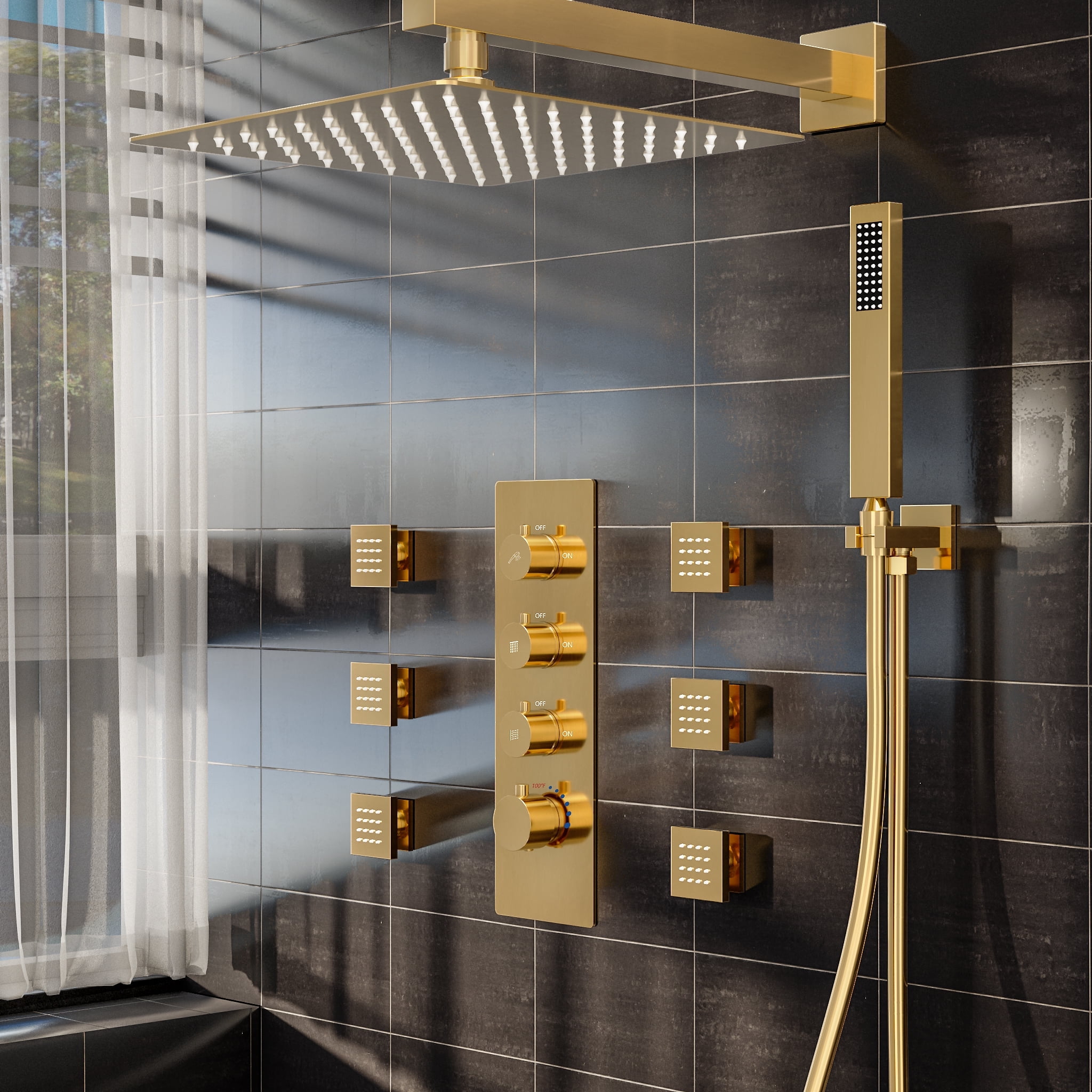 EVERSTEIN Shower Faucet Set 12 in. Shower System Rain Luxury Thermostatic Shower Head Combo ...