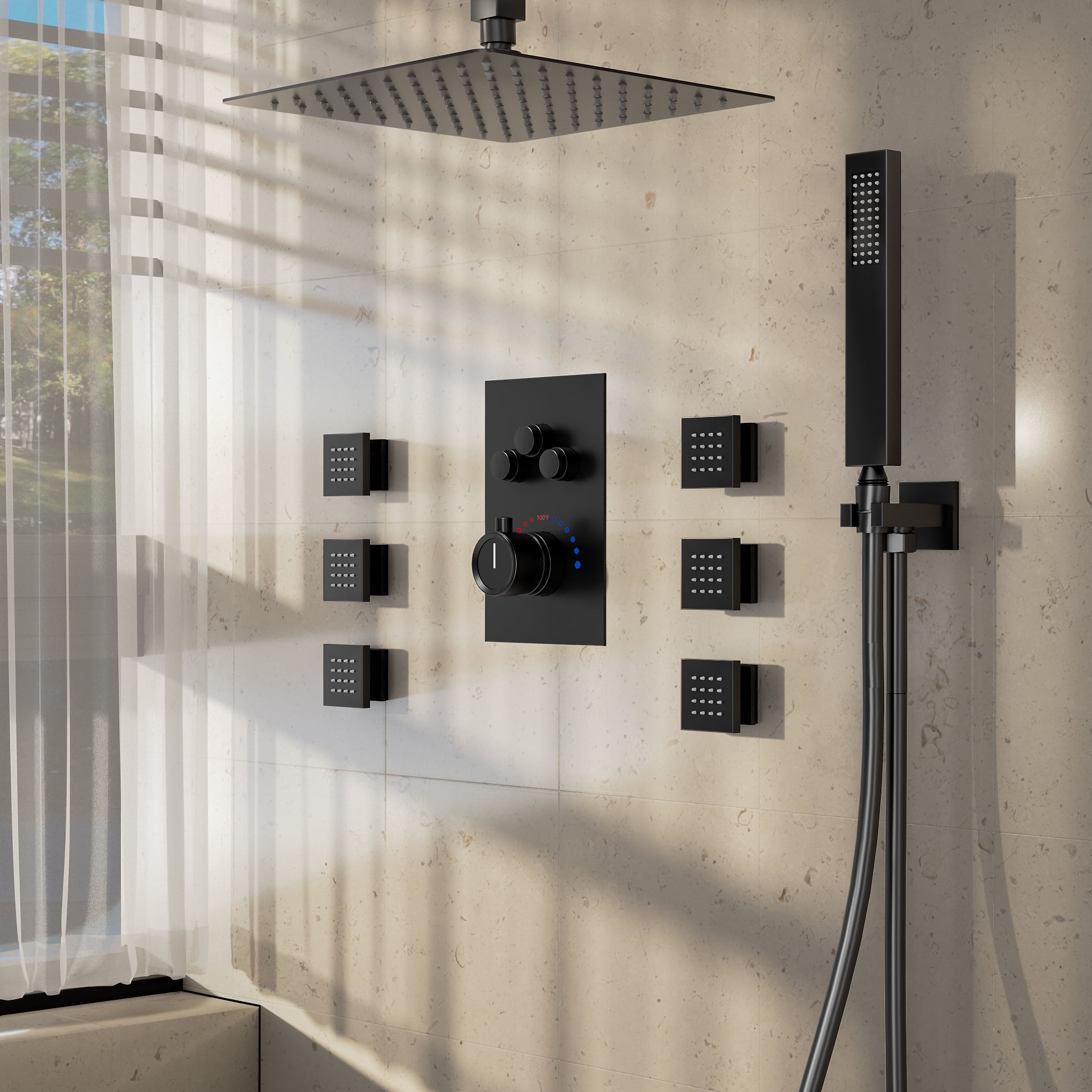 EVERSTEIN Thermostatic Shower Faucet Set with Rough-in Valve Rainfall ...