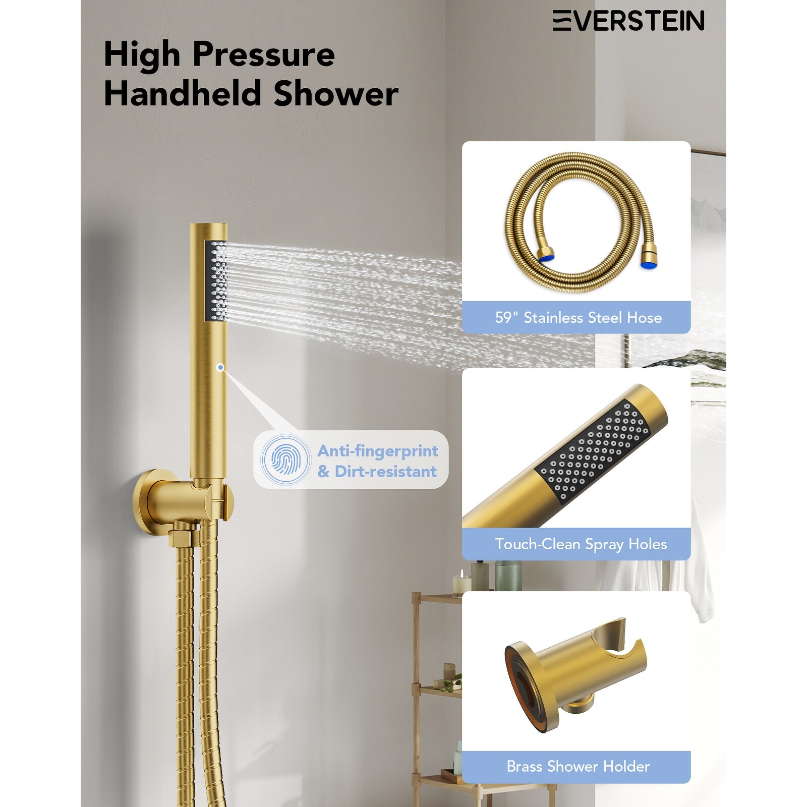 EVERSTEIN Thermostatic Shower System 12" Rainfall Shower Head With Body ...