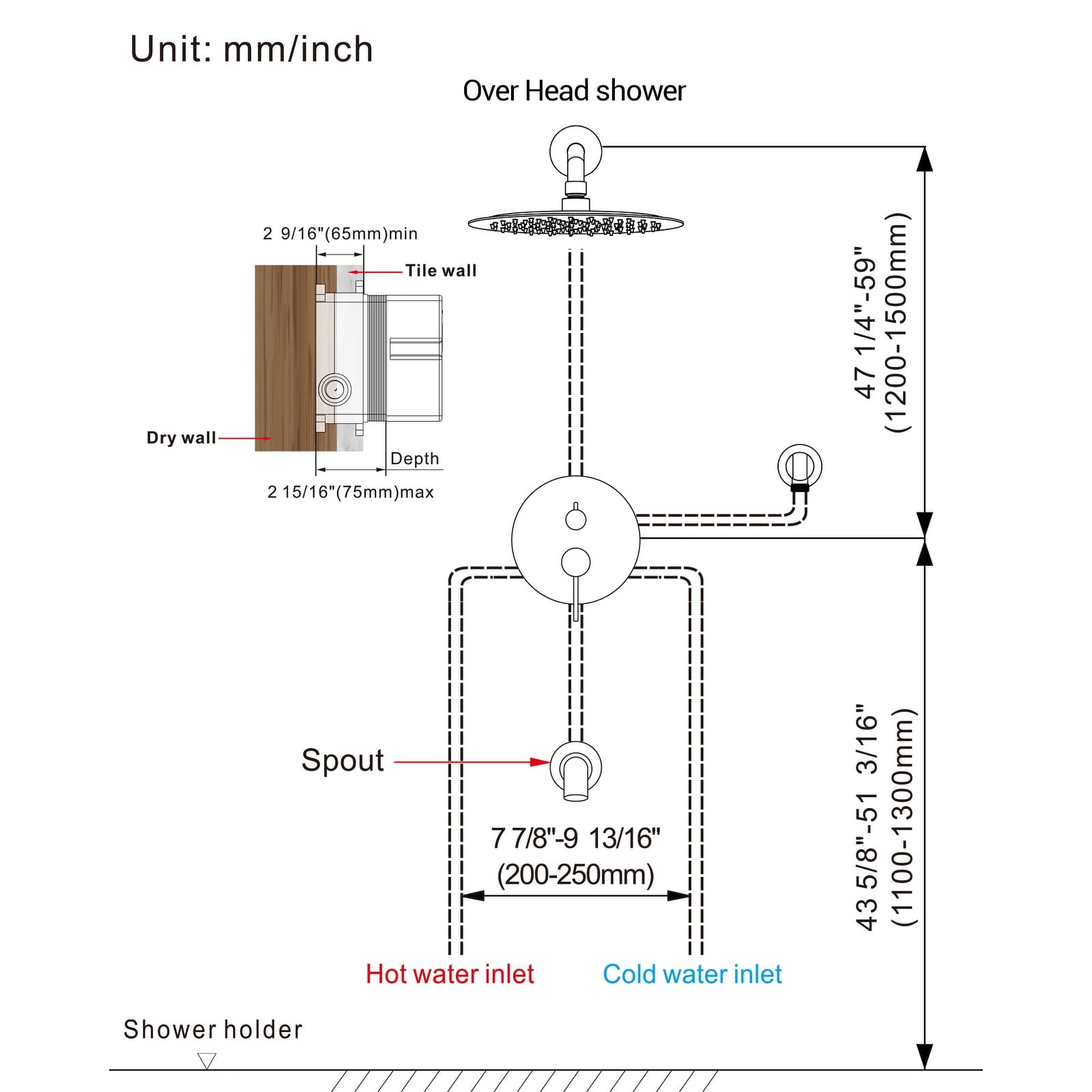EVERSTEIN Wall Mounted Complete 10" Rain Shower System with Handheld ...