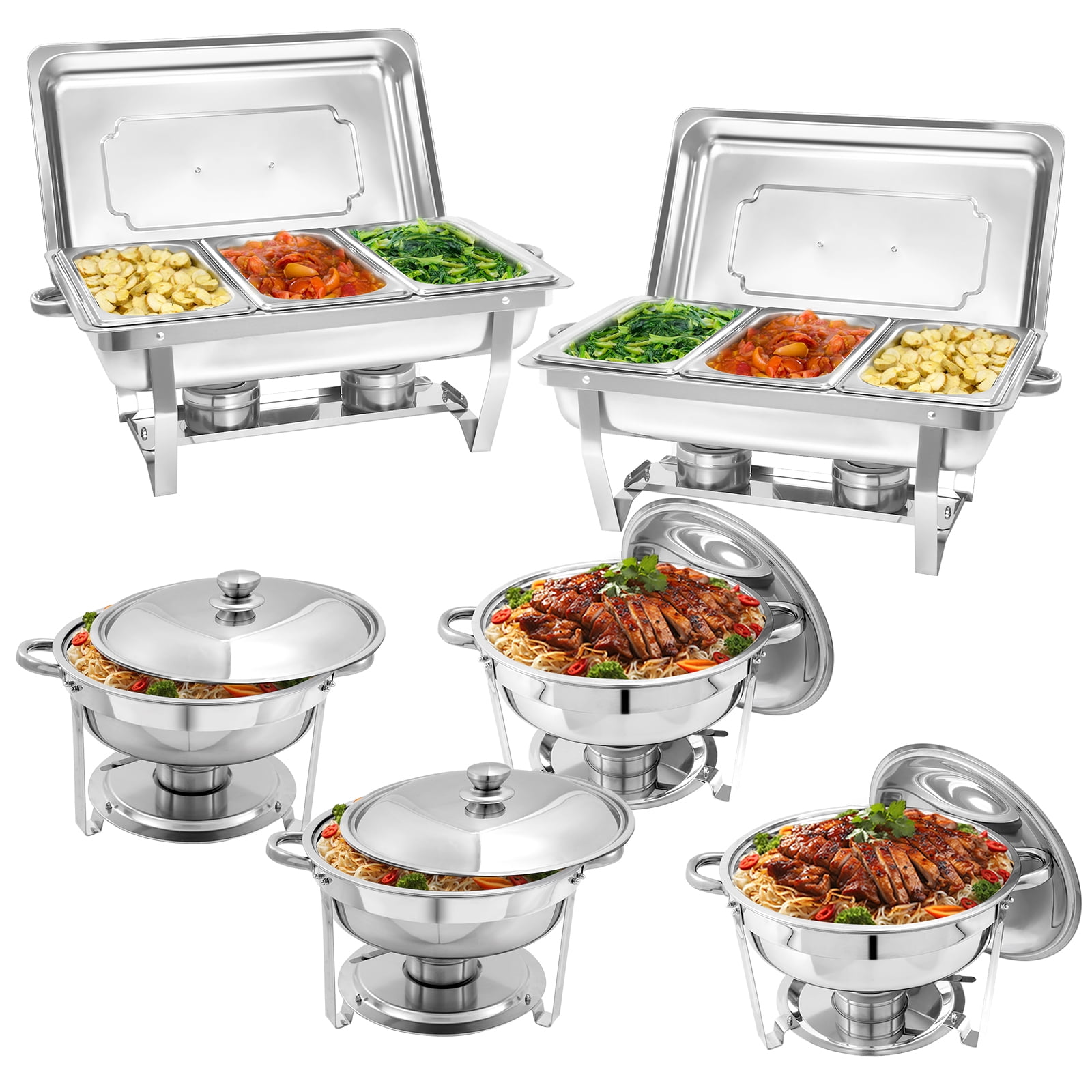 EVGTTI 6 Pack Chafing Dish Buffet Set, 5Qt Round×4+Rectangular 8QT 1/3 ...