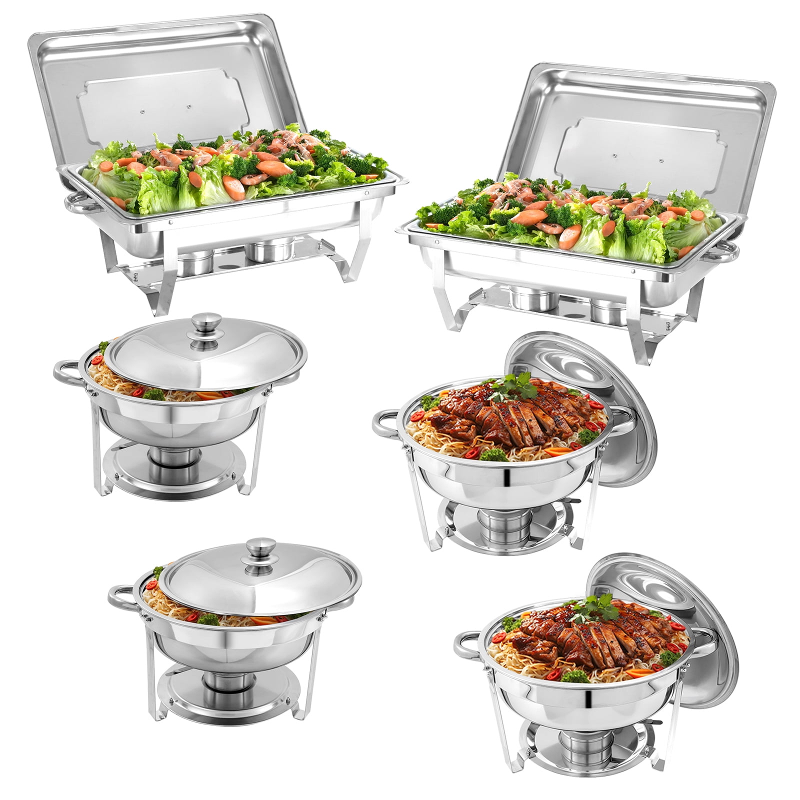 EVGTTI 6 Pack Chafing Dish Buffet Set, 5Qt Round×4+full pan×2 Stainless ...