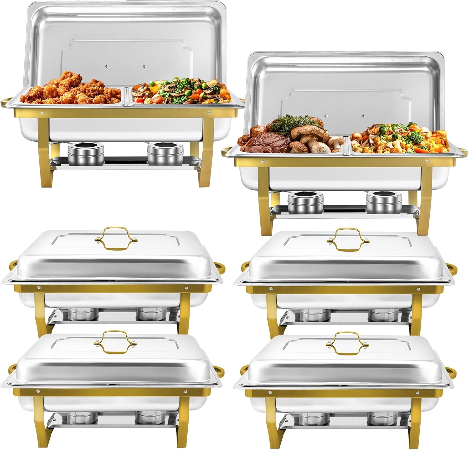 EVGTTI 6 Pack Gold Chafing Dish for Buffet, 8QT Roll Edge Designed Chafing Dish Buffet Set ...