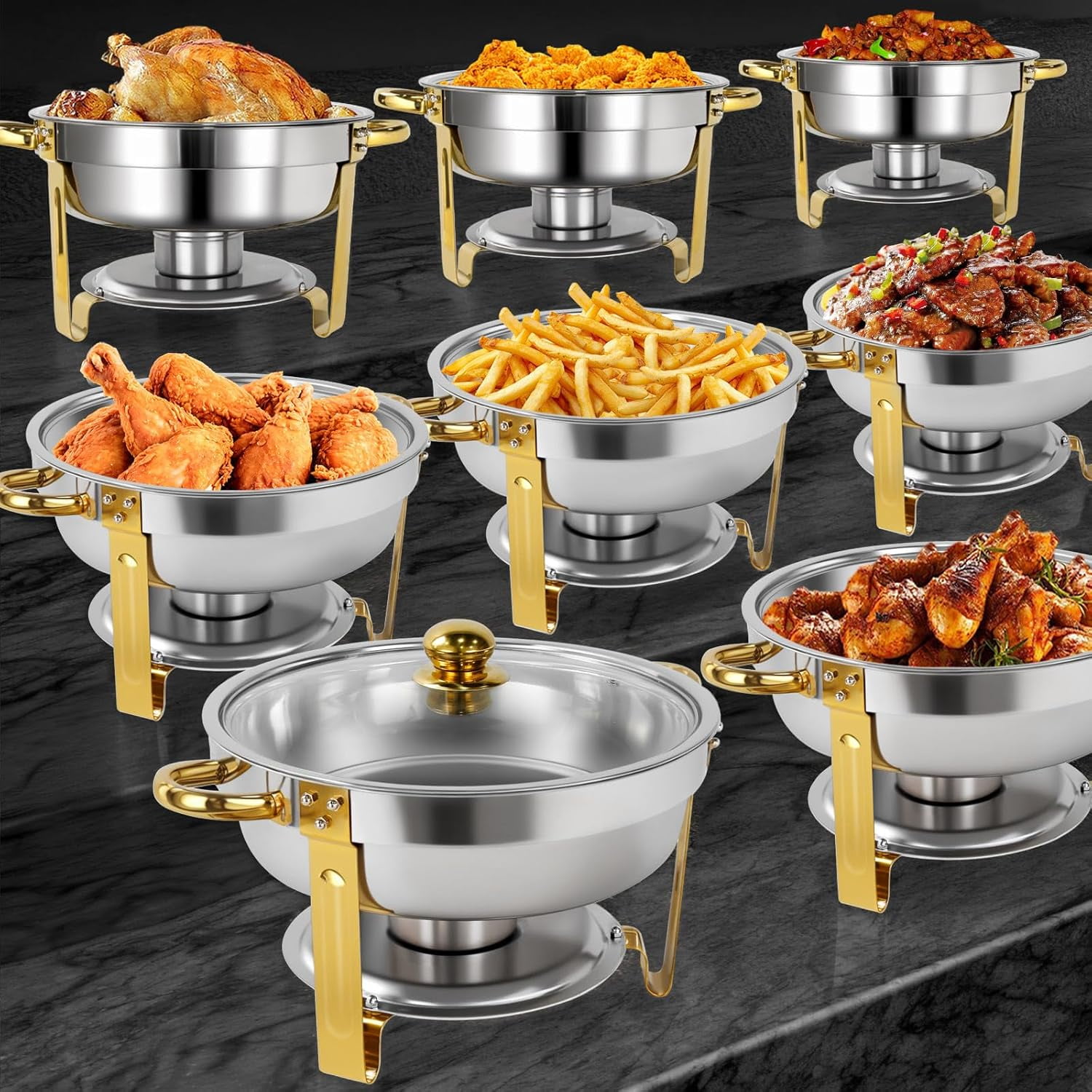 EVGTTI 8 Pack 6QT Gold Chafing Dish for Buffet, Gold Round Stainless ...