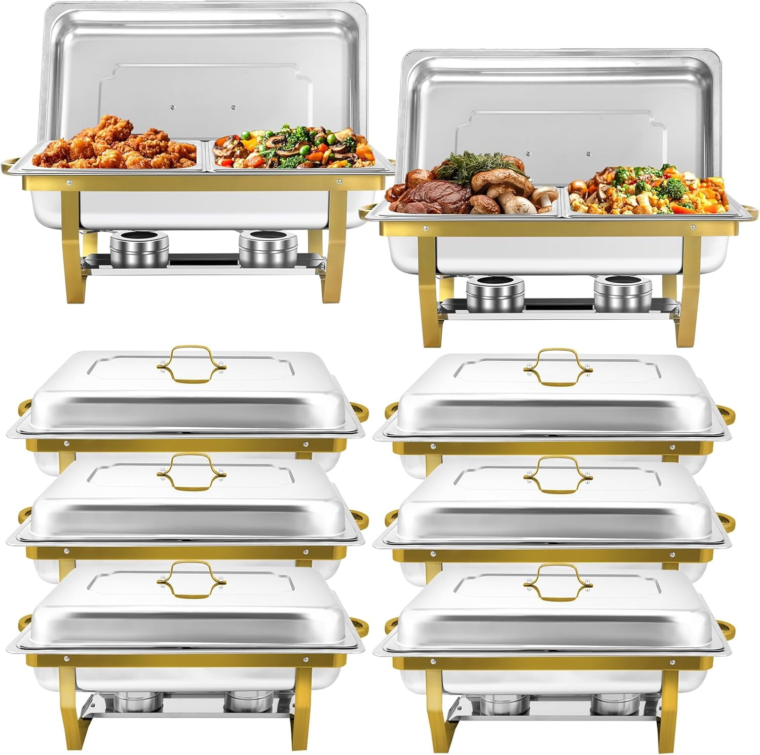 EVGTTI 8 Pack Gold Chafing Dish for Buffet, 8QT Roll Edge Designed ...