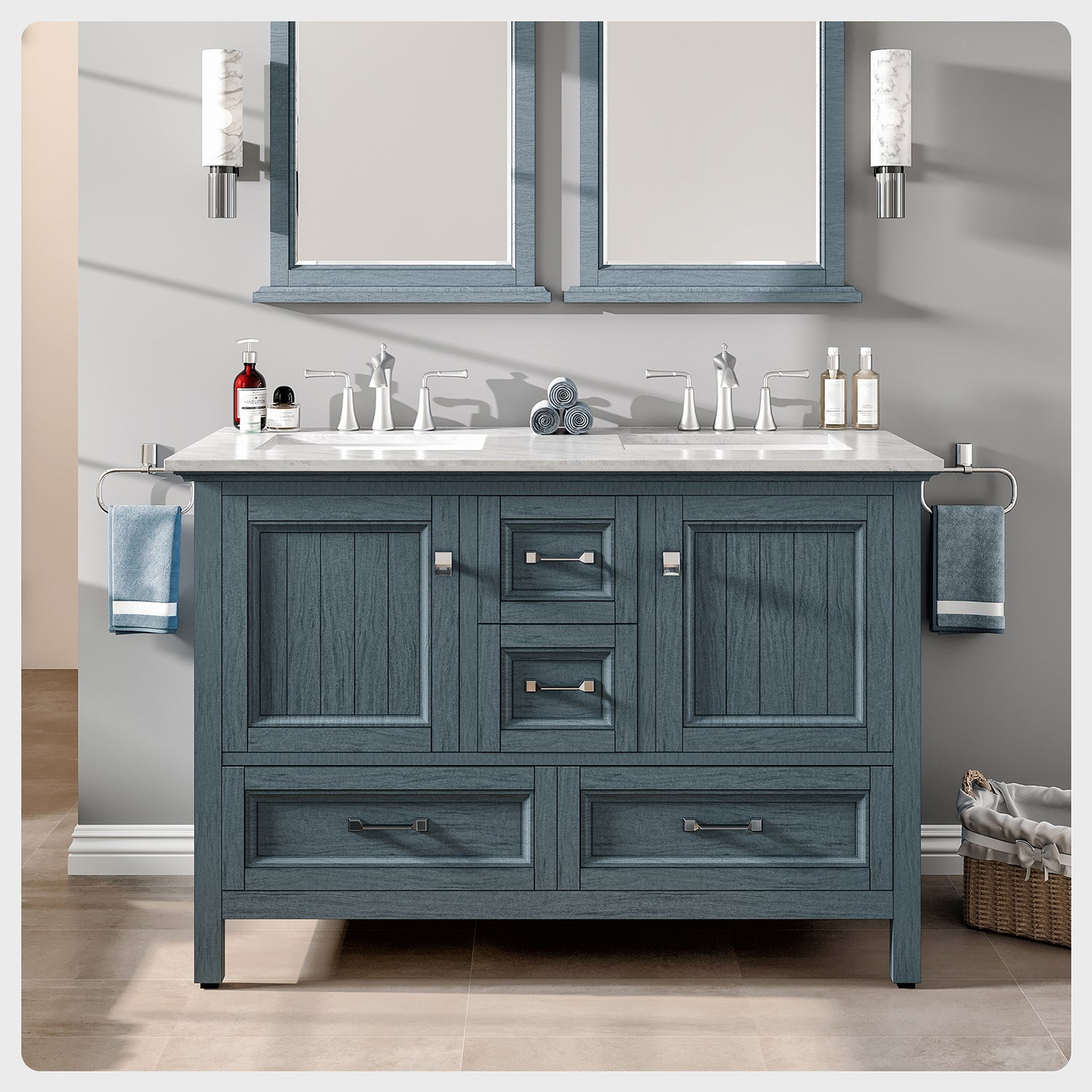 EVIVA Britney 48 Inch Double Sink Transitional Ash Blue Bathroom Vanity ...