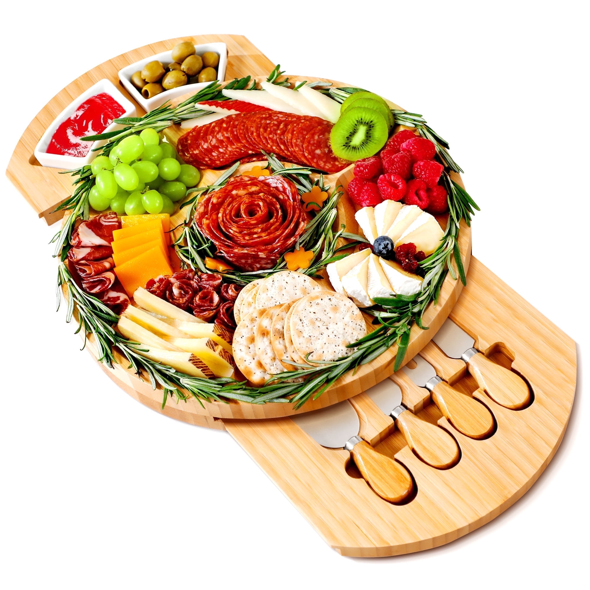 EVMORE Bamboo Cheese Board with Knife Set and Slate – 13 inch Round ...