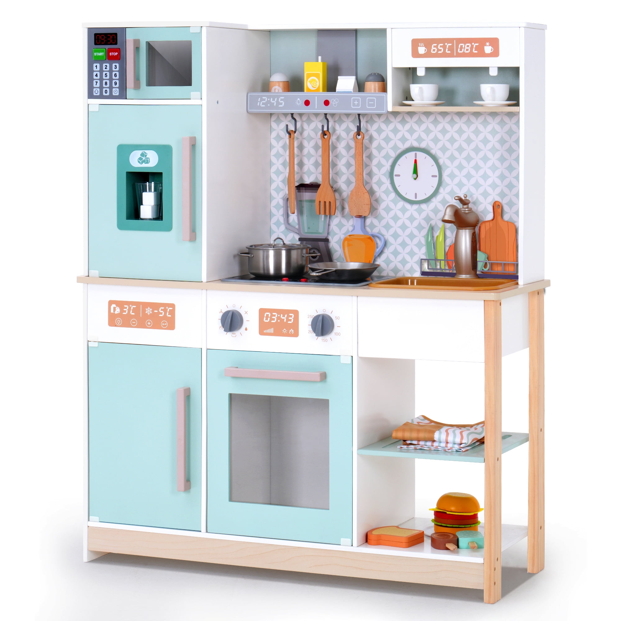 EVMORE Kids Play Kitchen Set, Wooden Pretend Kitchen Playset with 30Pcs ...