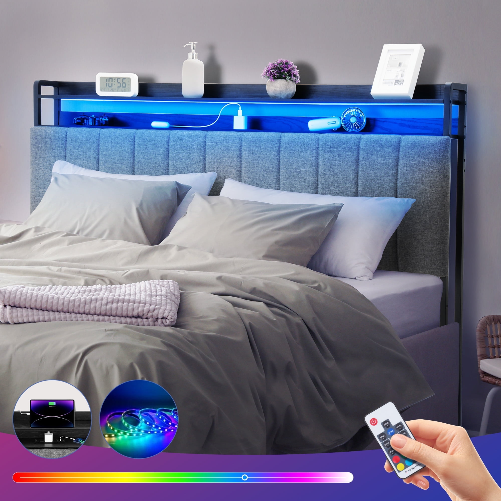 Queen Size Headboard with Storage / Outlets / USB Ports & RGB LED Light ...