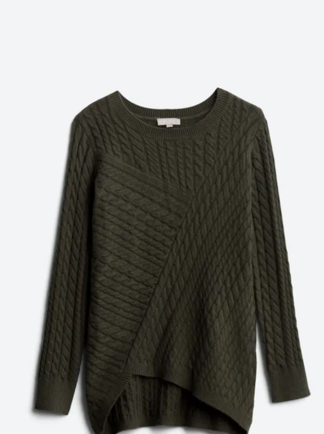 EVOLUTION BY CYRUS Women's Olive Cable Knit Asymmetric Hem Pullover ...