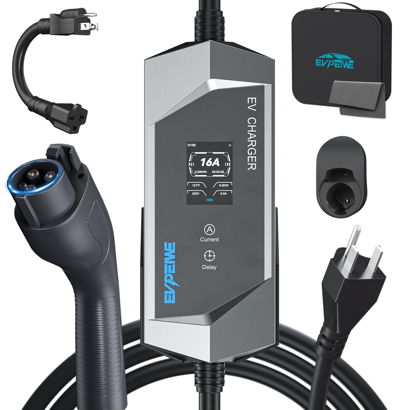 EVPEIWE, Portable EV Charger, Level 1/2 16A 110-240V, 25ft Cable ...