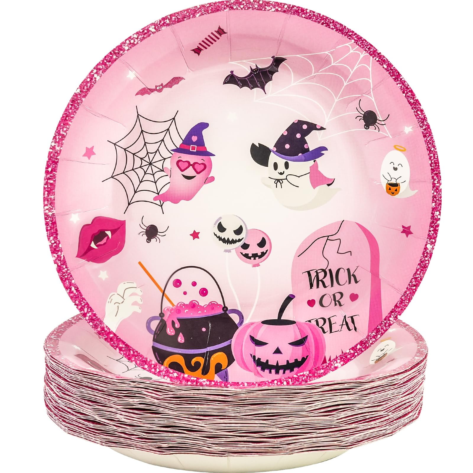 EVYIENEN 50Pcs Halloween Paper Plates,7inch Cute AFN1Pink Pumpkin ...