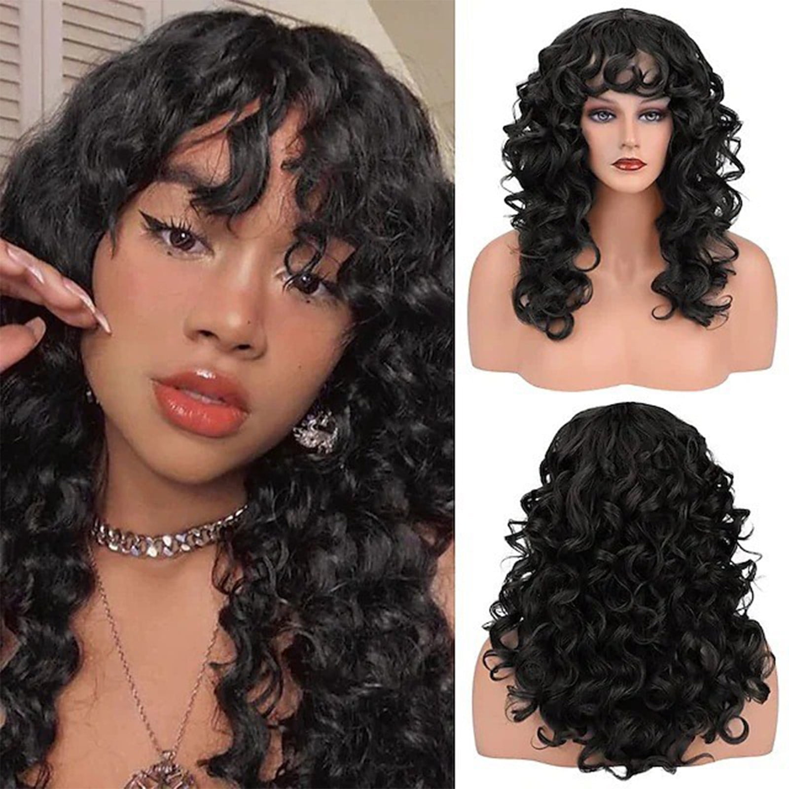 EWASON Wwigs for Women Human Hair,Long Curly Wig With Bangs Hair Wig ...