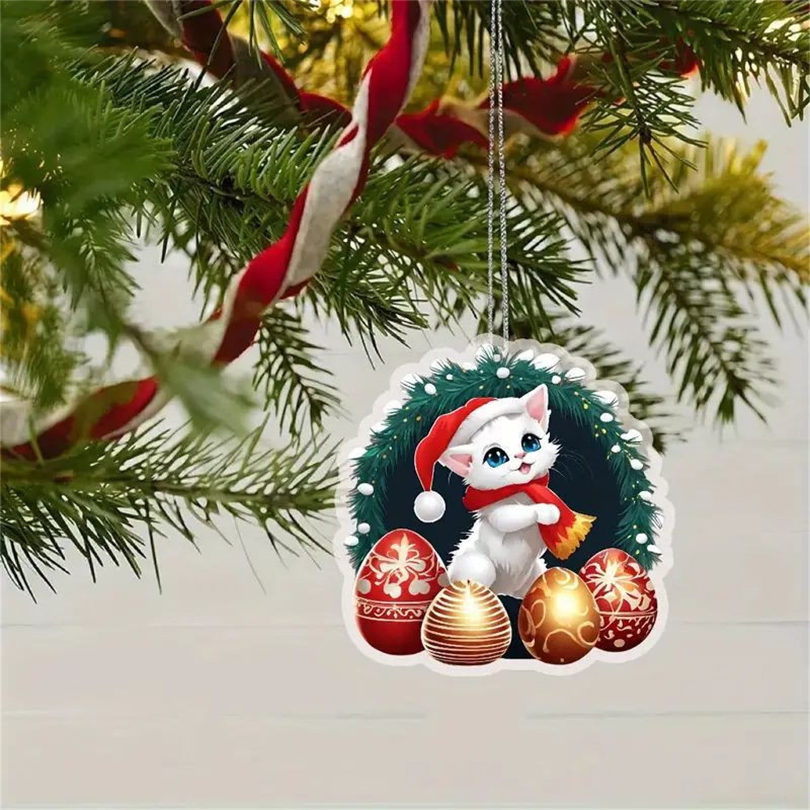 EWASWON Cute Cat Christmas Ornament, Acrylic Red Hanging Decor for ...